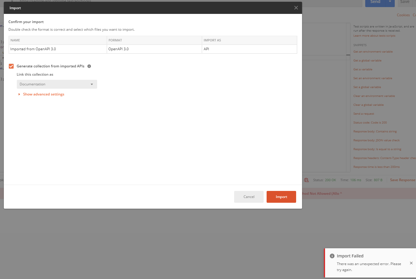 Importing a valid OpenAPI 3 document fails · Issue #9463 · postmanlabs/postman-app-support · GitHub
