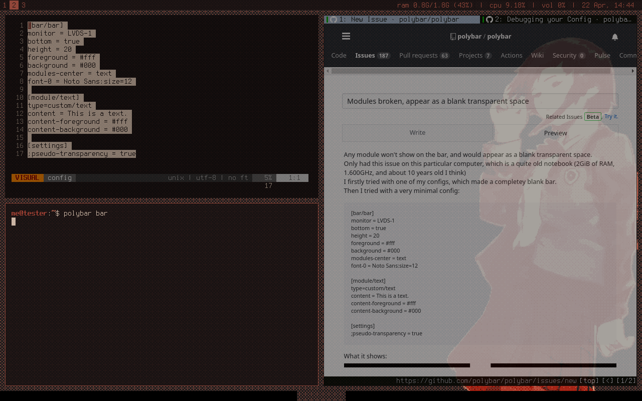 Modules broken, appear as a blank transparent space · Issue #2070 · polybar/polybar · GitHub
