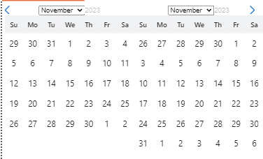 Calendar: monthNavigator={true} with numberOfMonths={>1} shows controls for the first month only ...