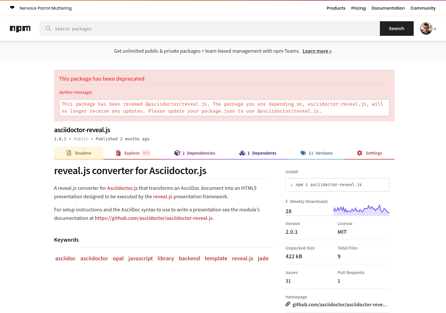 deprecate the old npm package · Issue #314 · asciidoctor/asciidoctor-reveal.js · GitHub