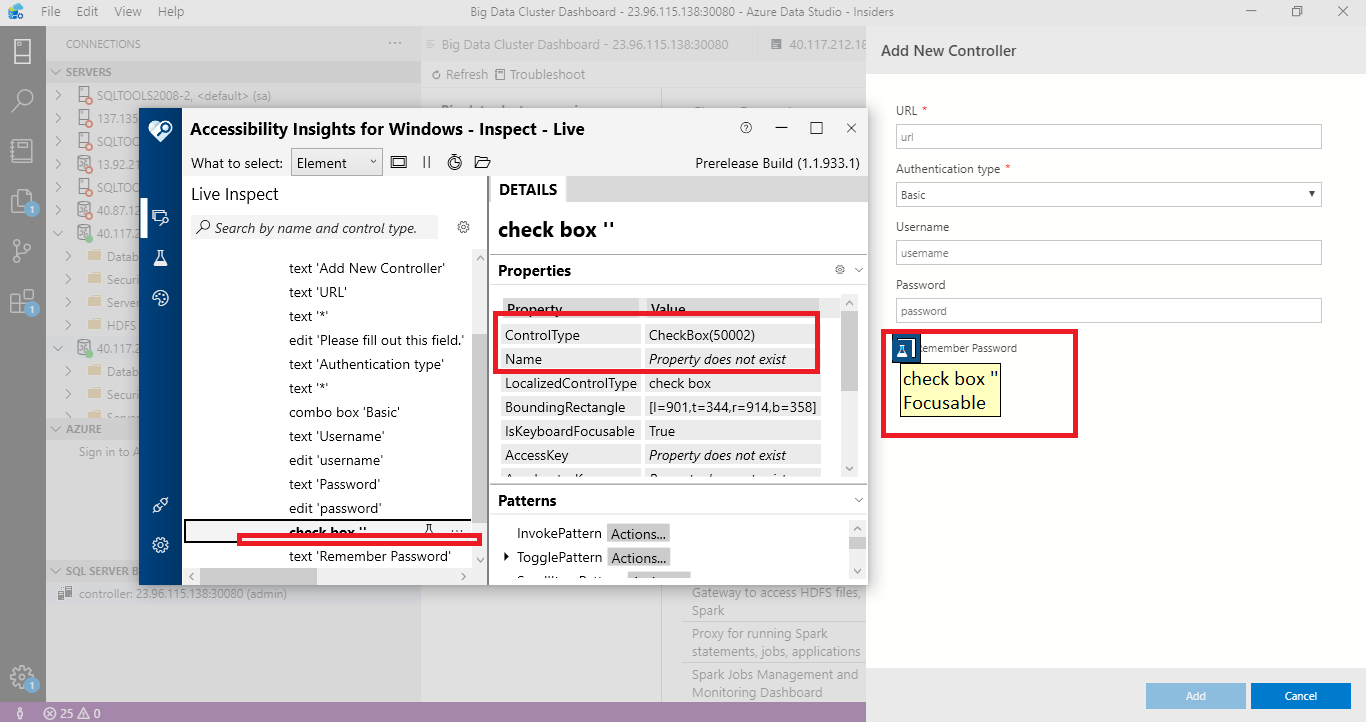 A11y_AzureDataStudio_AddNewController_AI4D : Name property does not exists for "Remember ...