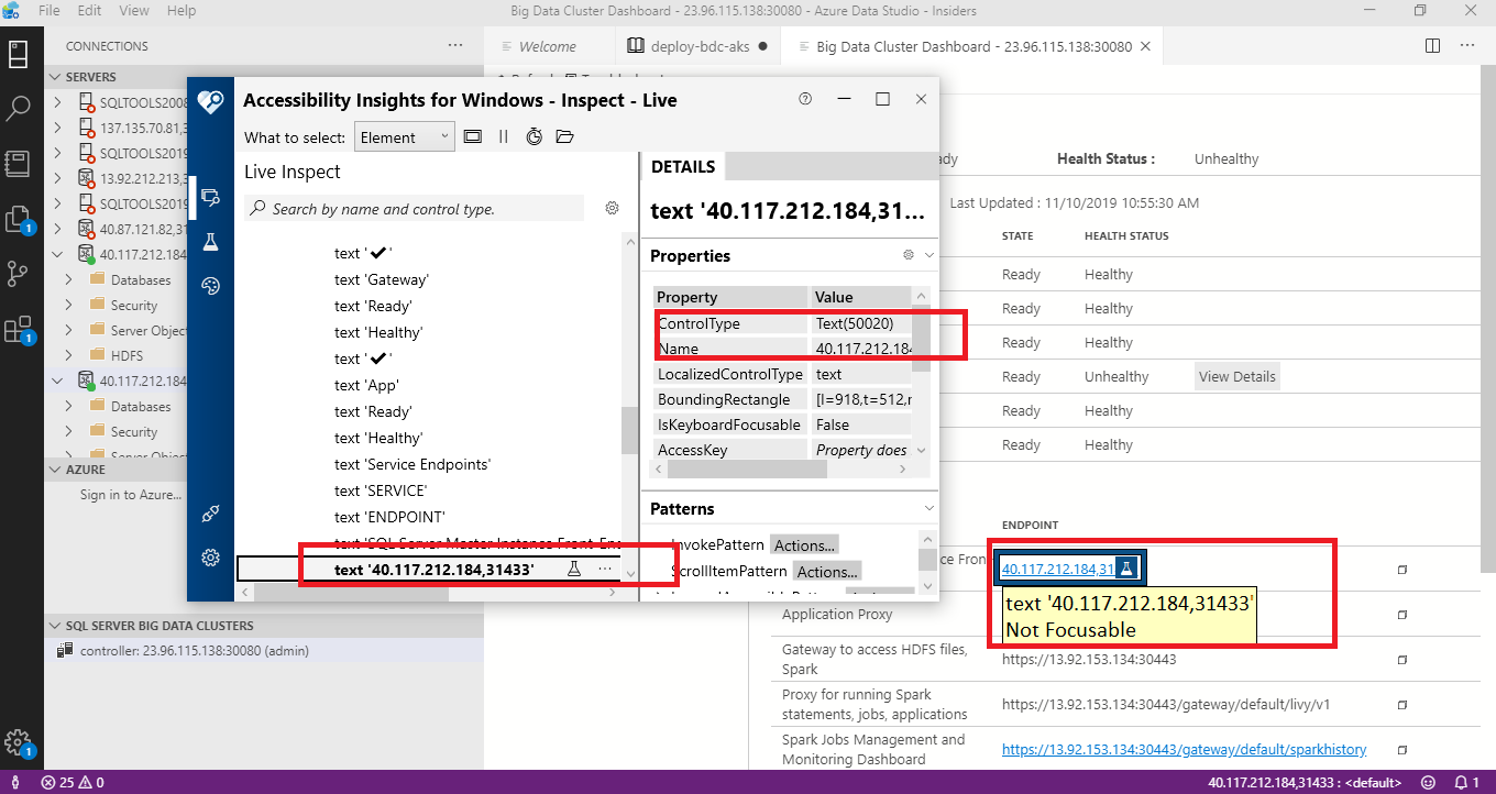 A11y_AzureDataStudio_BigDataClusterOverviewPage_AI4D: Incorrect control type is given for "40 ...