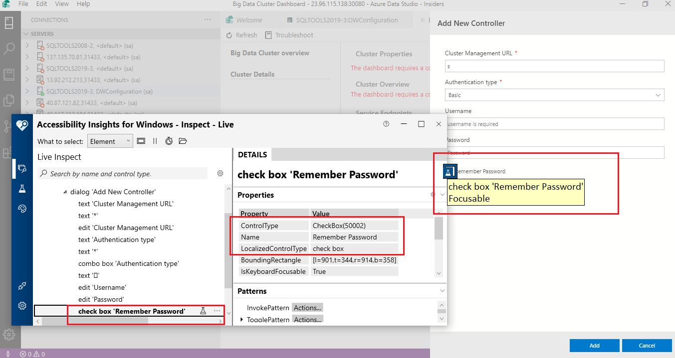 A11y_AzureDataStudio_AddNewController_AI4D : Name property does not exists for "Remember ...