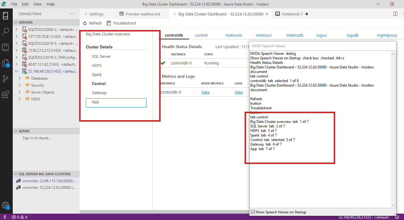 A11y_AzureDataStudio_BigDataClusterOverviewPage_ScreenReader :Missing tab structure for the ...