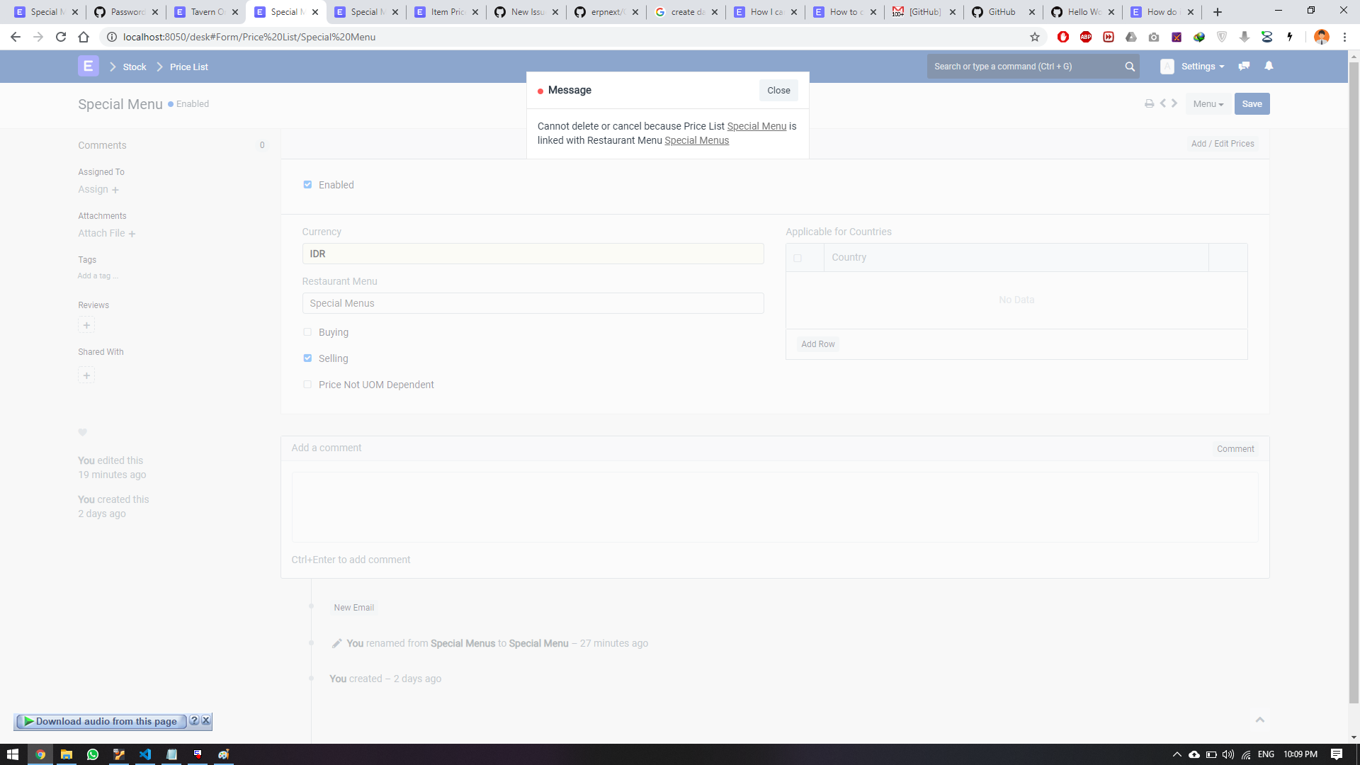 Unable to Delete Price List (Link Loops on Between Doctype Restaurant ...
