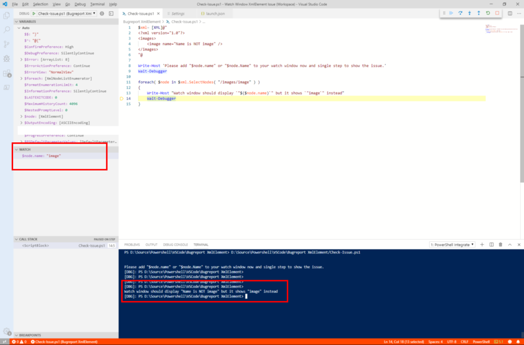 Watch window shows incorrect attribute value for an XmlElement node with attribute "name ...