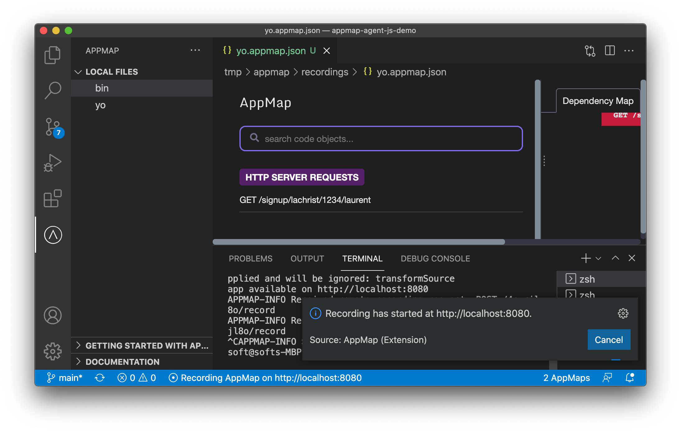 Tooltip for ongoing recording in front of terminal · Issue #518 · getappmap/appmap-js · GitHub