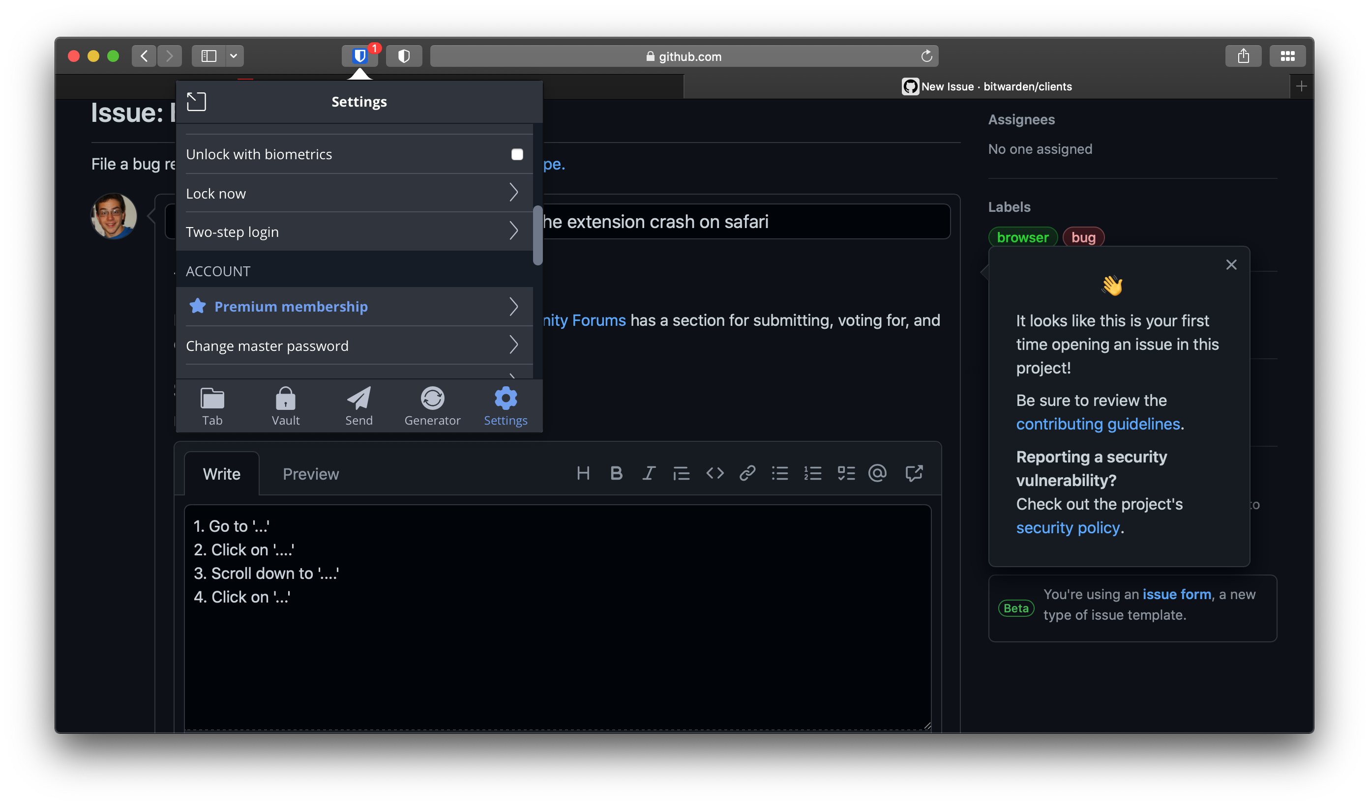 Clicking On Premium Membership Makes The Extension Crash On Safari · Issue 3426 · Bitwarden