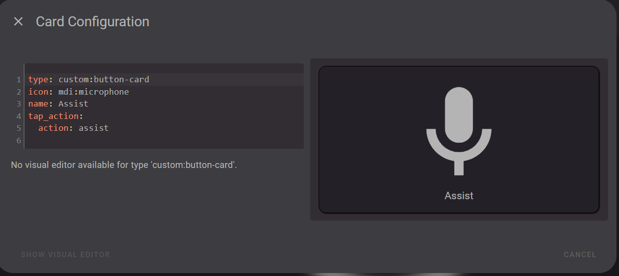 Unable to Open the 'Assist' Window · Issue #714 · custom-cards/button-card · GitHub