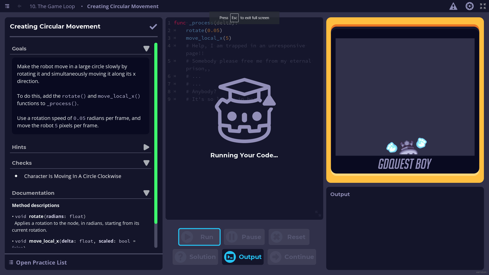 Game Freeze if User 'Stays' in Lesson 'Creating Circular Movement' · Issue #600 · GDQuest/learn ...