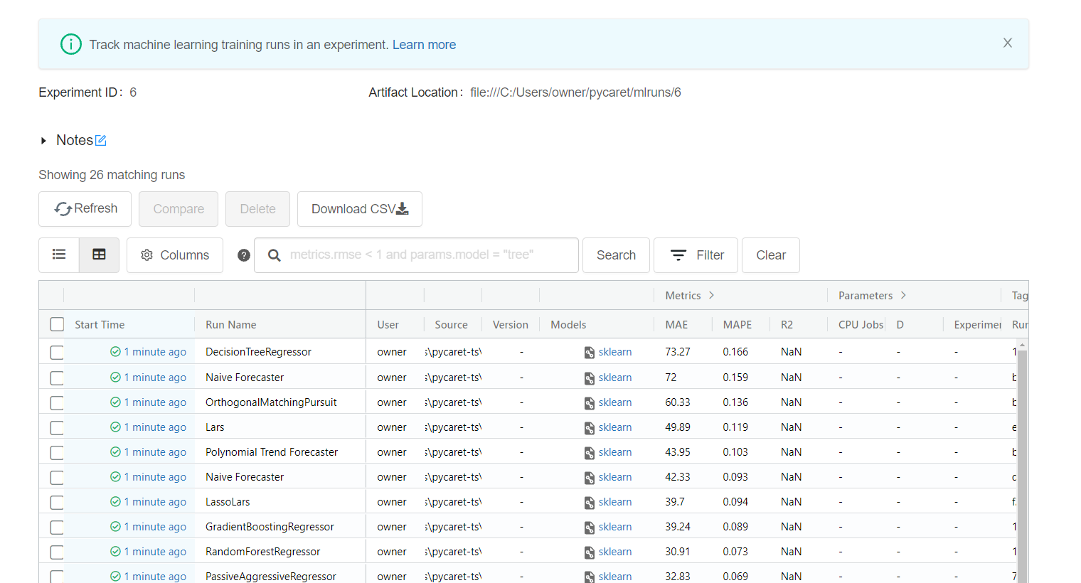 MLFlow logging issue in compare_models of time_series · Issue #1568 · pycaret/pycaret · GitHub