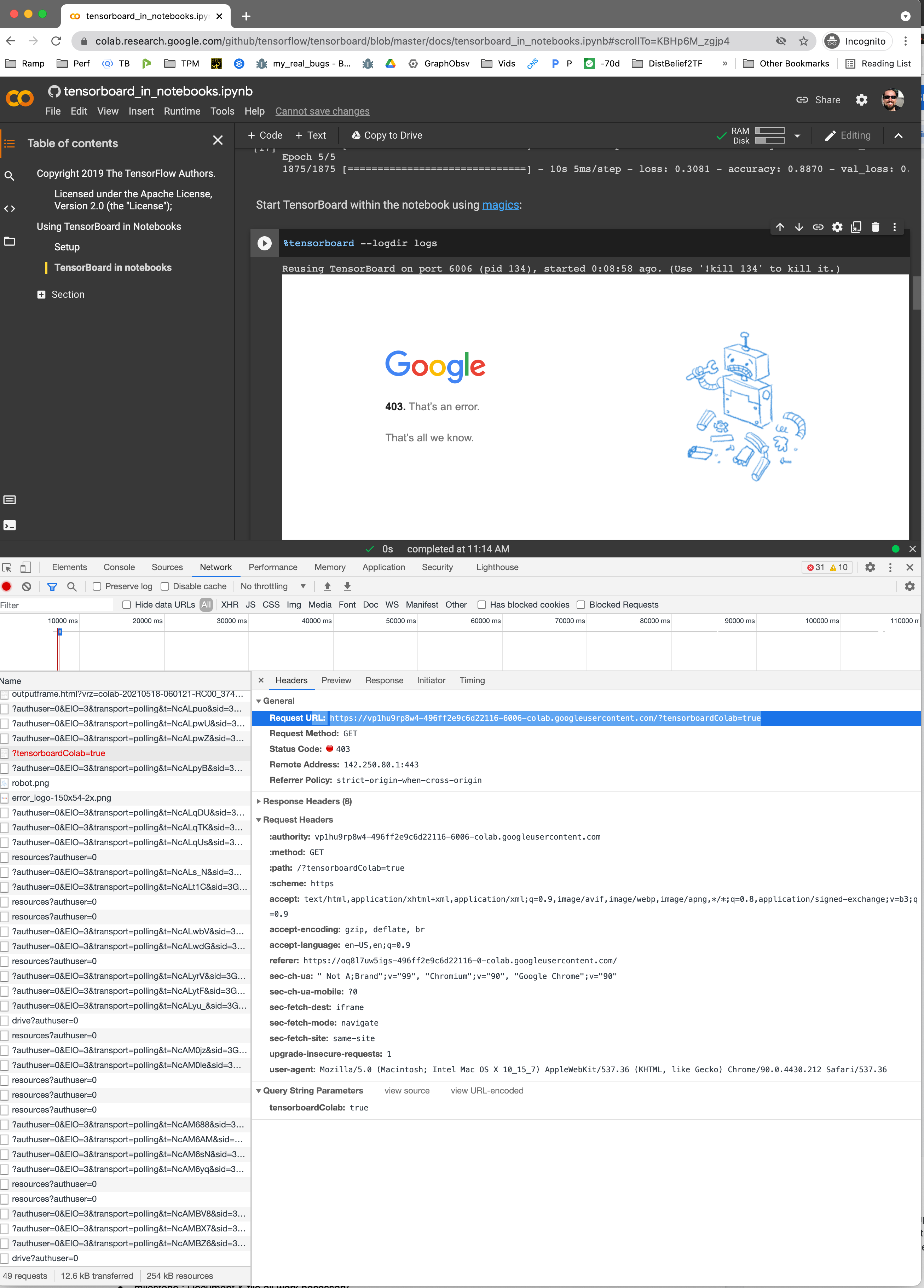 Tensorboard Raises 403 When Run In Colab In An Incognito Browser · Issue 4993 · Tensorflow