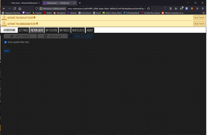 Total loss of filters/filter lists · Issue #1930 · dhowe/AdNauseam · GitHub
