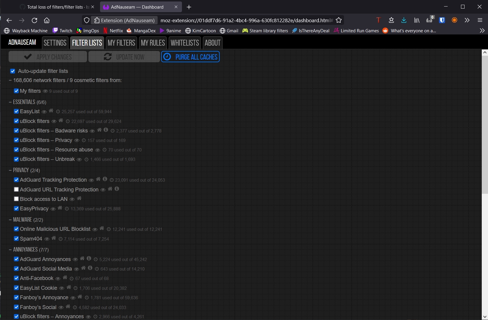 Total loss of filters/filter lists · Issue #1930 · dhowe/AdNauseam · GitHub