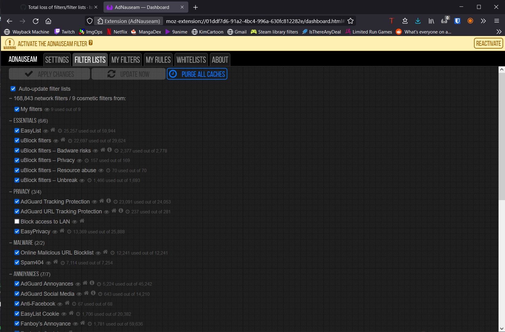 Total loss of filters/filter lists · Issue #1930 · dhowe/AdNauseam · GitHub
