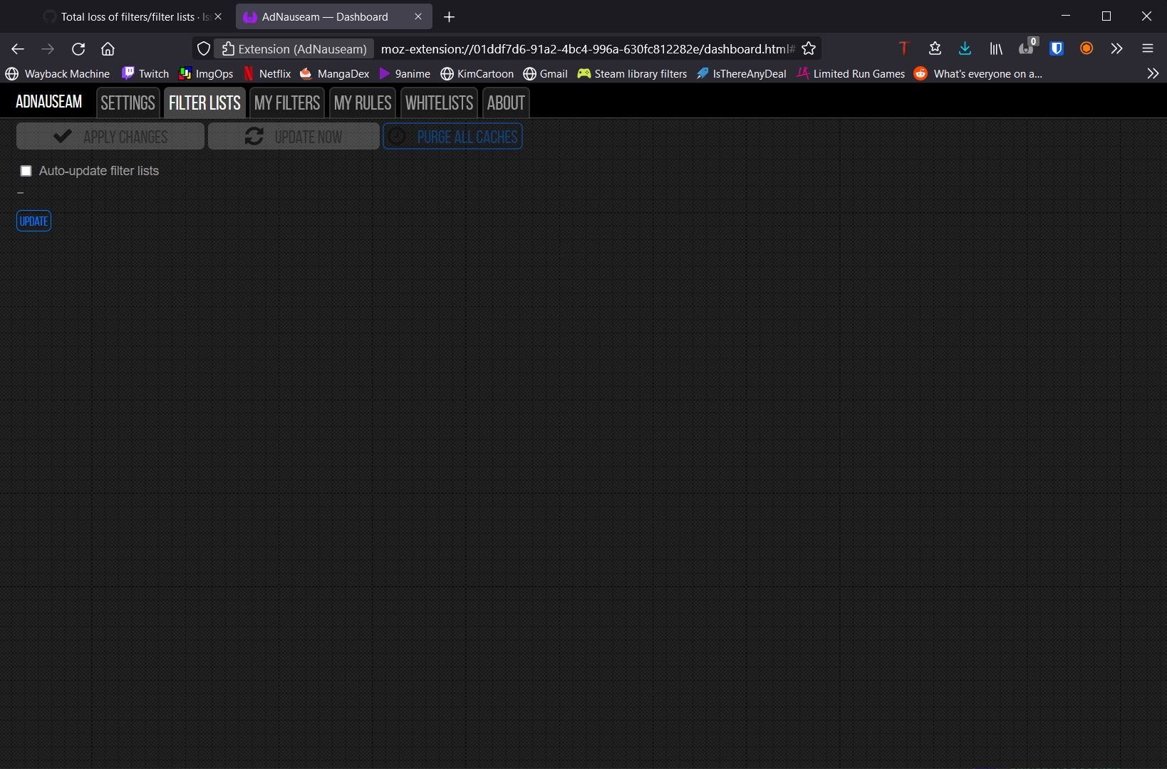 Total loss of filters/filter lists · Issue #1930 · dhowe/AdNauseam · GitHub