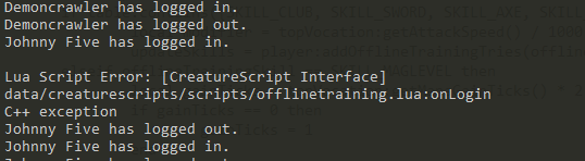 Bug with player:addOfflineTrainingTries(SKILL_SHIELD, trainingTime / 4) · Issue #3549 · otland ...