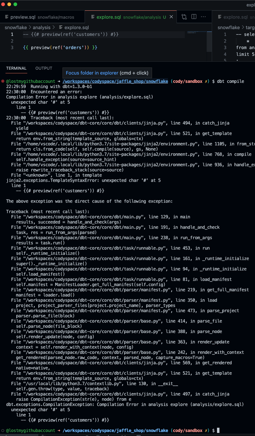 [CT-996] [Bug] commenting jinja template with using dummy package causes compilation error ...