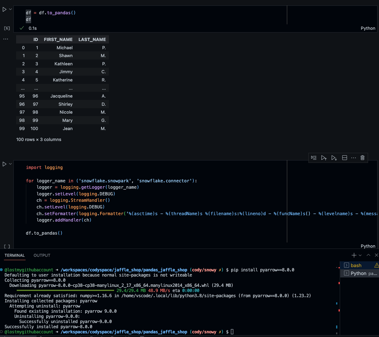 SNOW-651557: (`pyarrow==9.0.0` issue)Python kernel consistently killed by `.to_pandas()` or ...