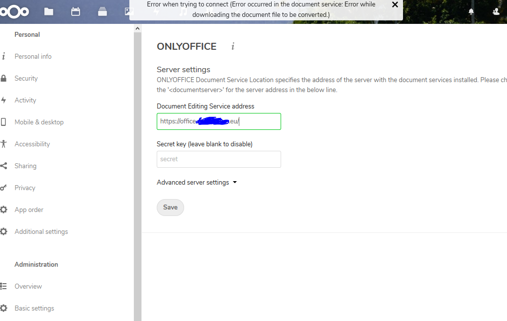 Onlyoffice integration with Nextcloud. Error Error while downloading the document file to be ...