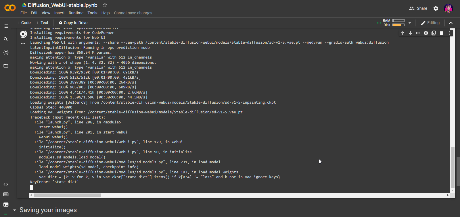 I Don't know what I'm doing wrong. Please help? (Loading VAE weights ...