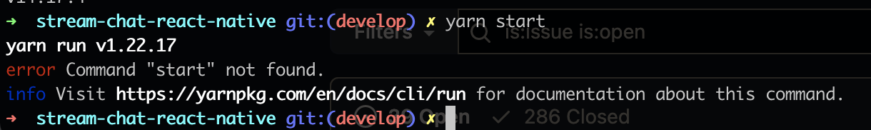 yarn start is not an available command, project won't start · Issue #1155 · GetStream/stream ...