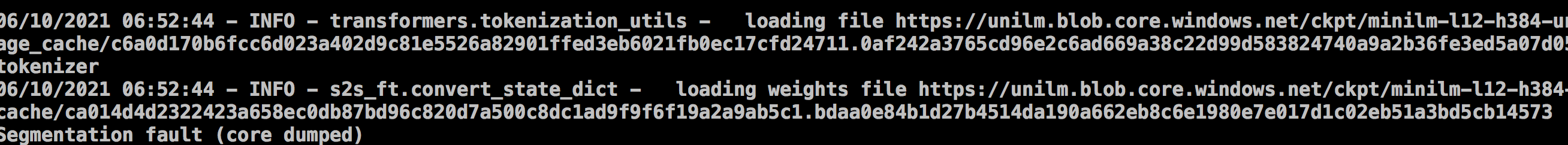 using MinLM s2s_ft core dump when l load the model · Issue #338 · microsoft/unilm · GitHub