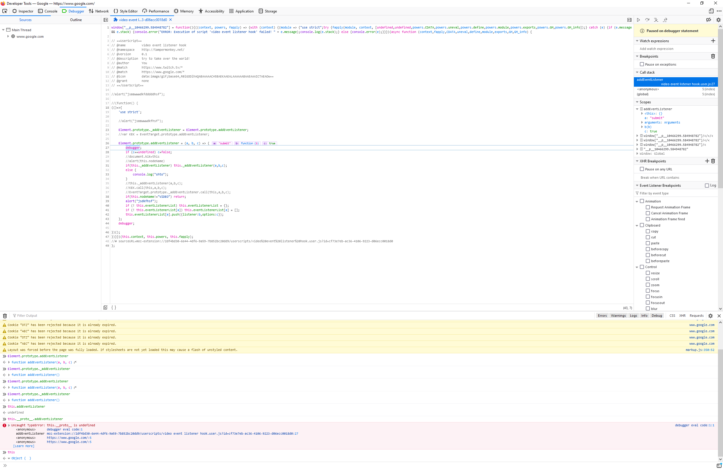Trying to "hook" prototype function fails · Issue #1585 · Tampermonkey/tampermonkey · GitHub