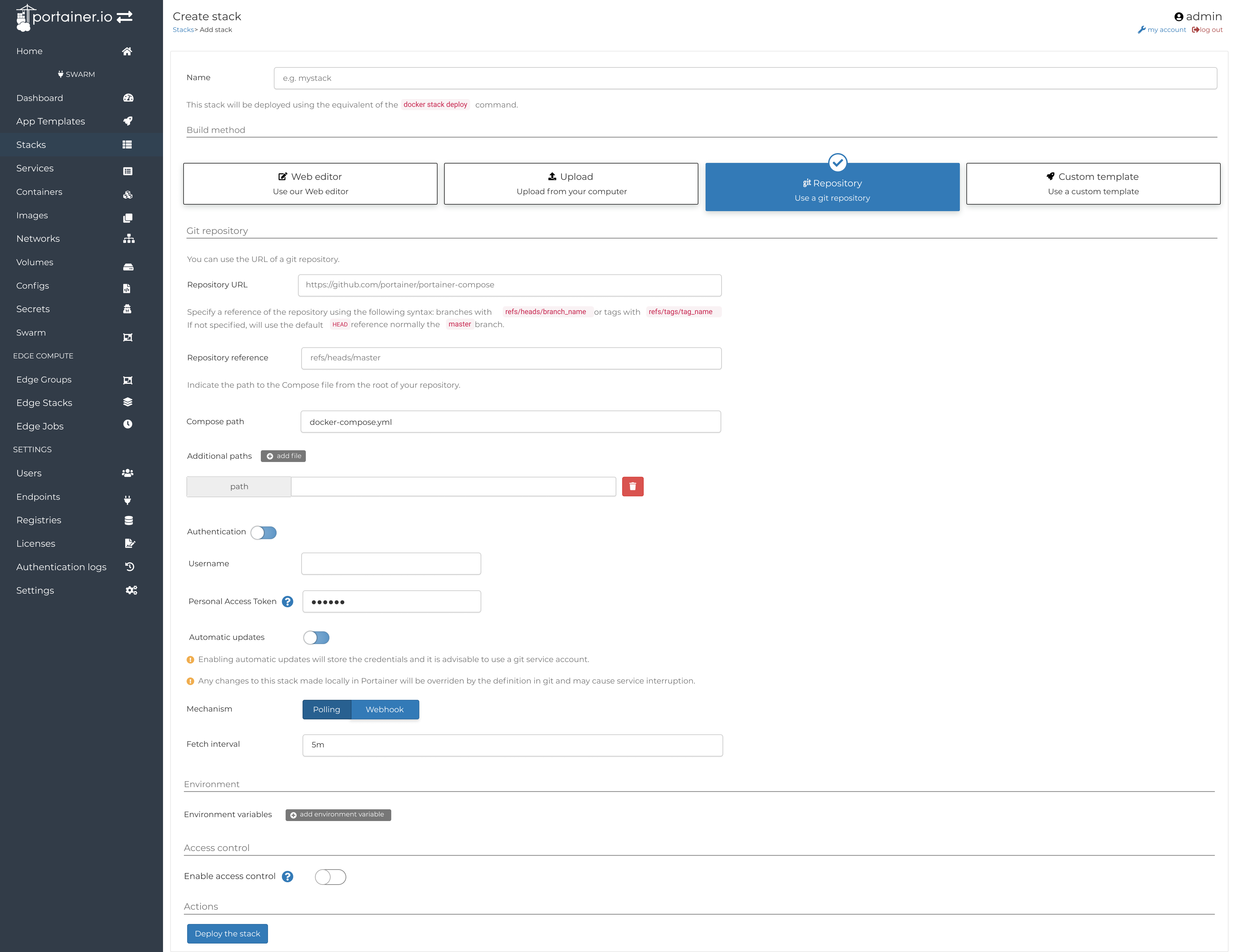 Add the ability to update and redeploy a stack created from a git repository · Issue #1753 ...