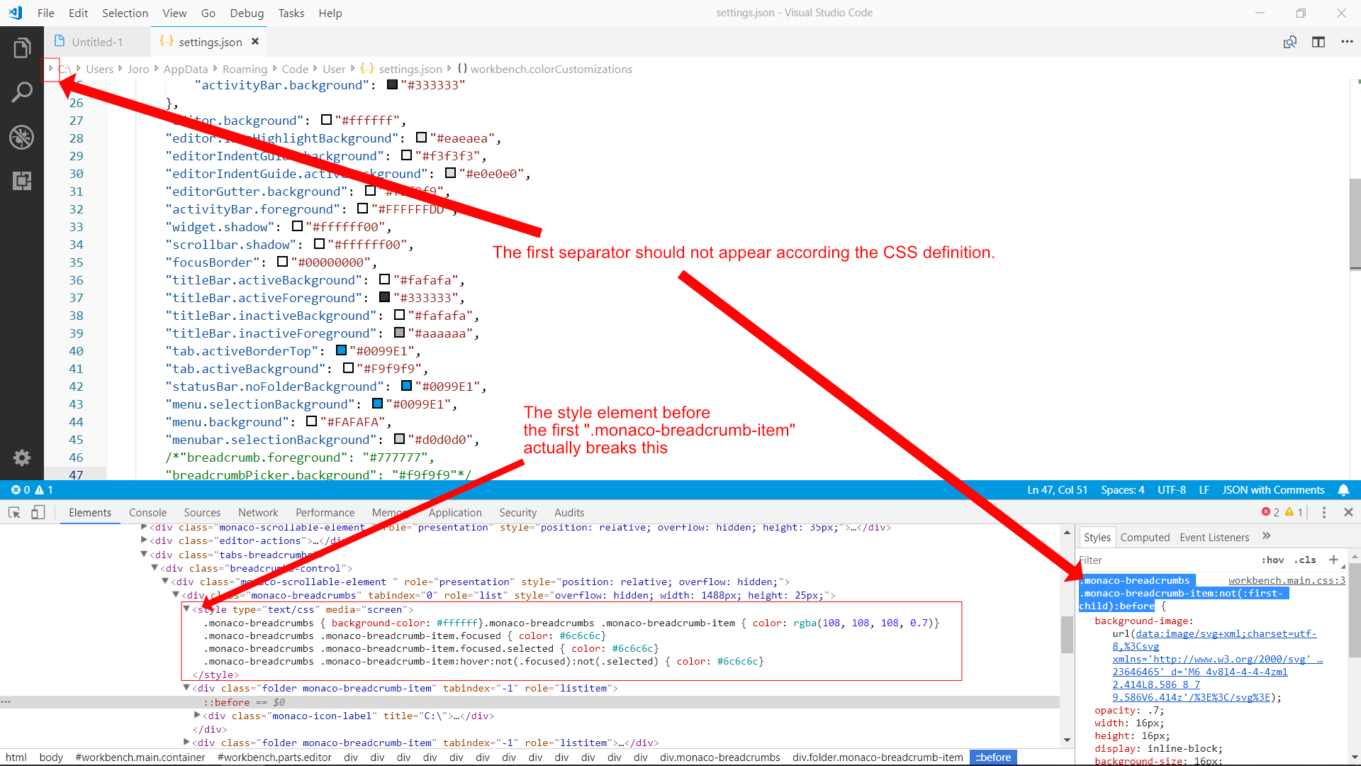 Breadcrumbs show a separator before first item, if custom colors ...