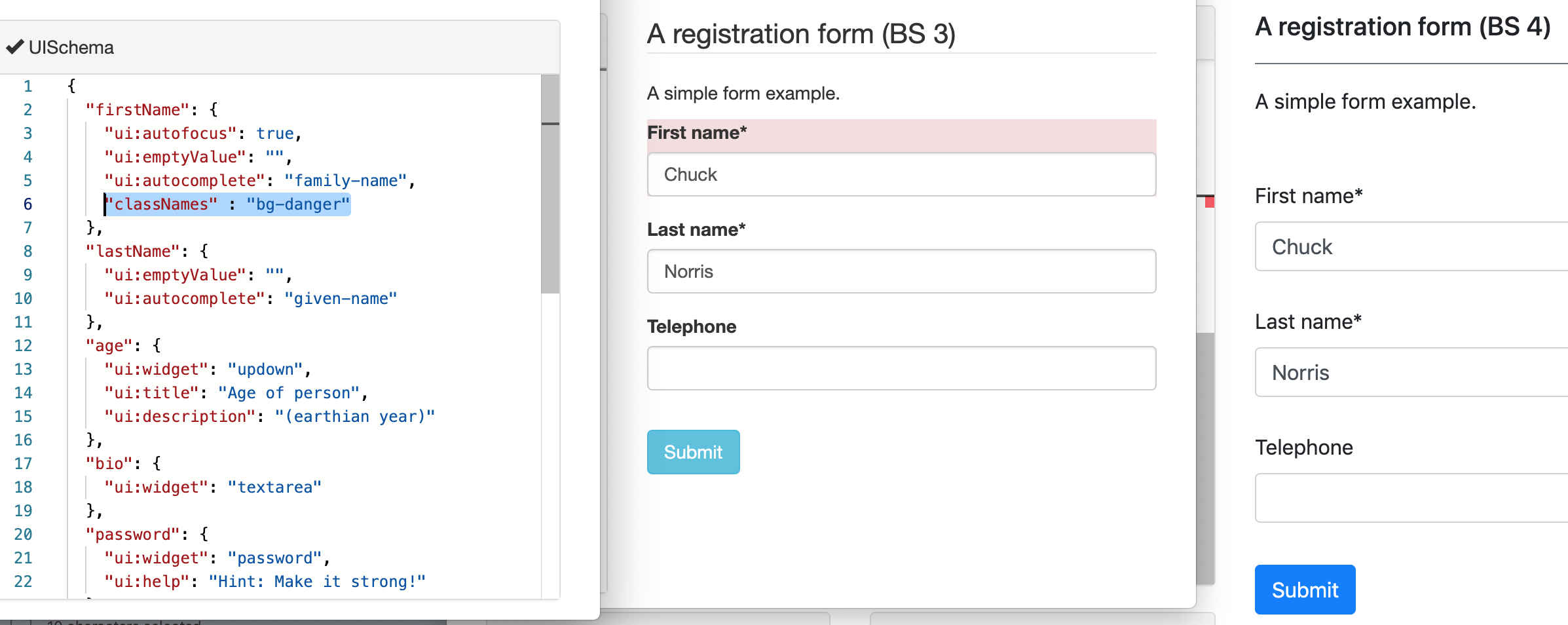 Bootstrap 4 theme not applying UiSchema classNames · Issue #1998 · rjsf-team/react-jsonschema ...