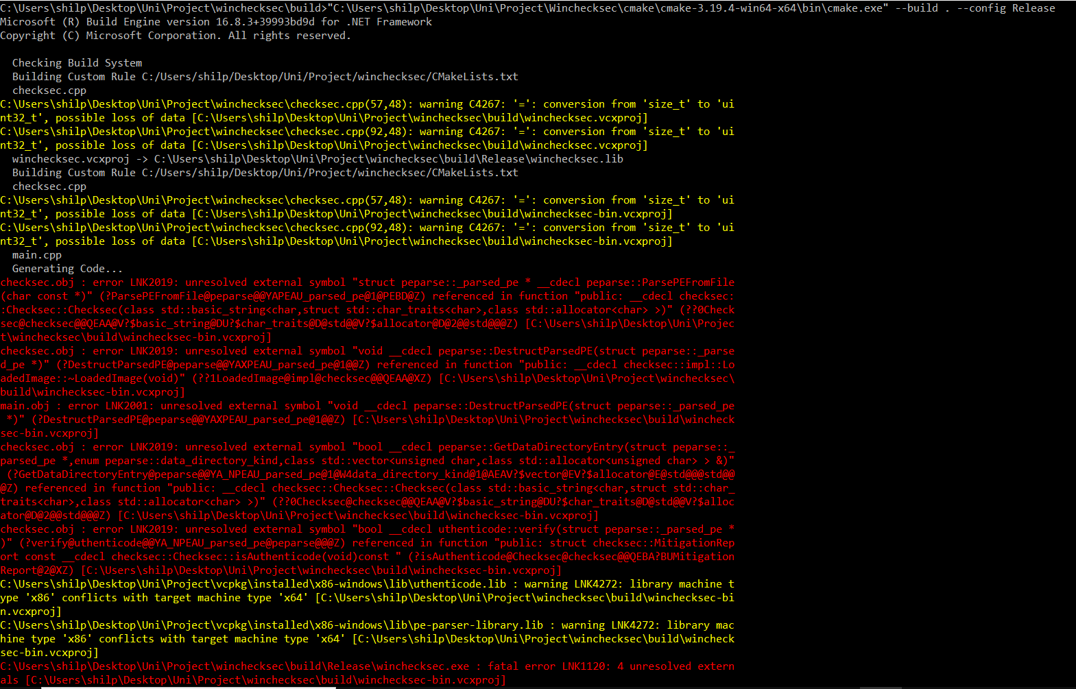Cmake Throwing A Lnk2019 Error · Issue 1041 · Trailofbits Winchecksec · Github