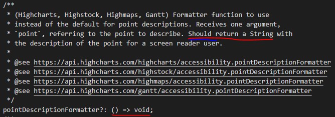 Highcharts 7 typescript declaration: pointDescriptionFormatter should return a string but is ...
