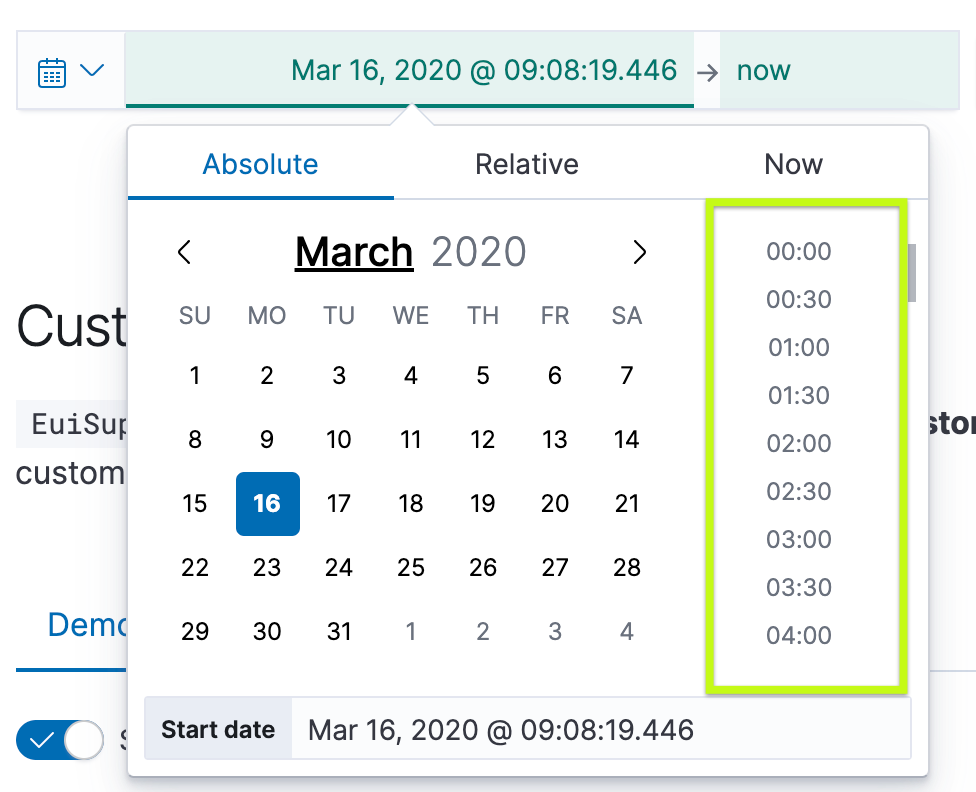 Selecting a different from / to date in EuiSuperDatePicker should set time to start / end of day ...