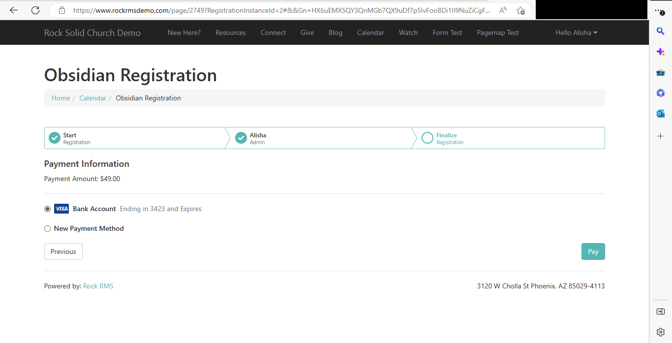 Obsidian Registration Block Saved Bank Account Payments shows "and ...
