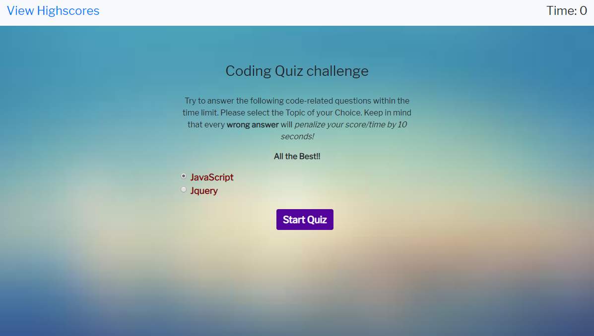 GitHub - smaji08/Code-Quiz: An app to take a timed quiz on JavaScript fundamentals and J Query ...