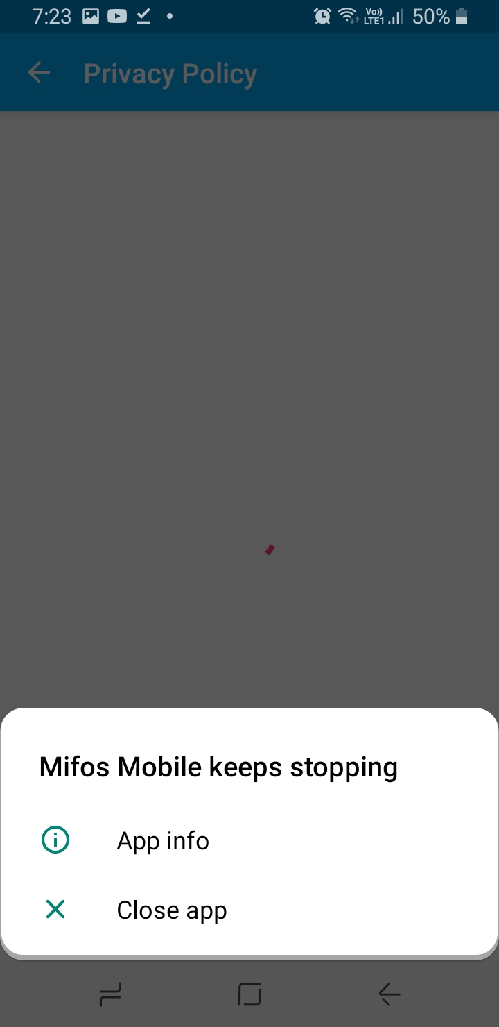 App crashes on opening the "Privacy Policy" section · Issue #1643 · openMF/mifos-mobile · GitHub