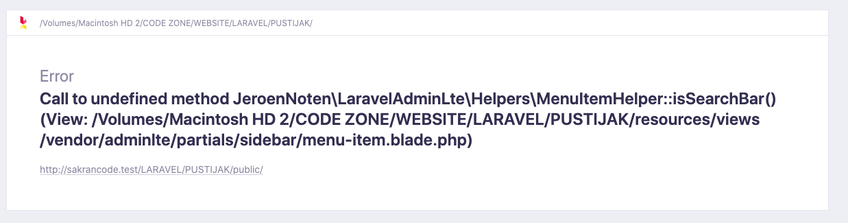 [BUG] Call to undefined method JeroenNoten\LaravelAdminLte\Helpers\MenuItemHelper::isSearchBar ...