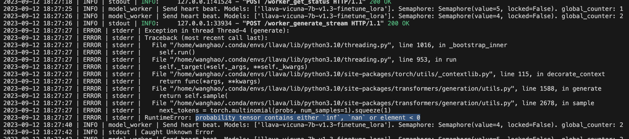 [Usage] LoRA finetuned weights provided for vicuna-13b-v1.3 gives NaN / inf error when ...