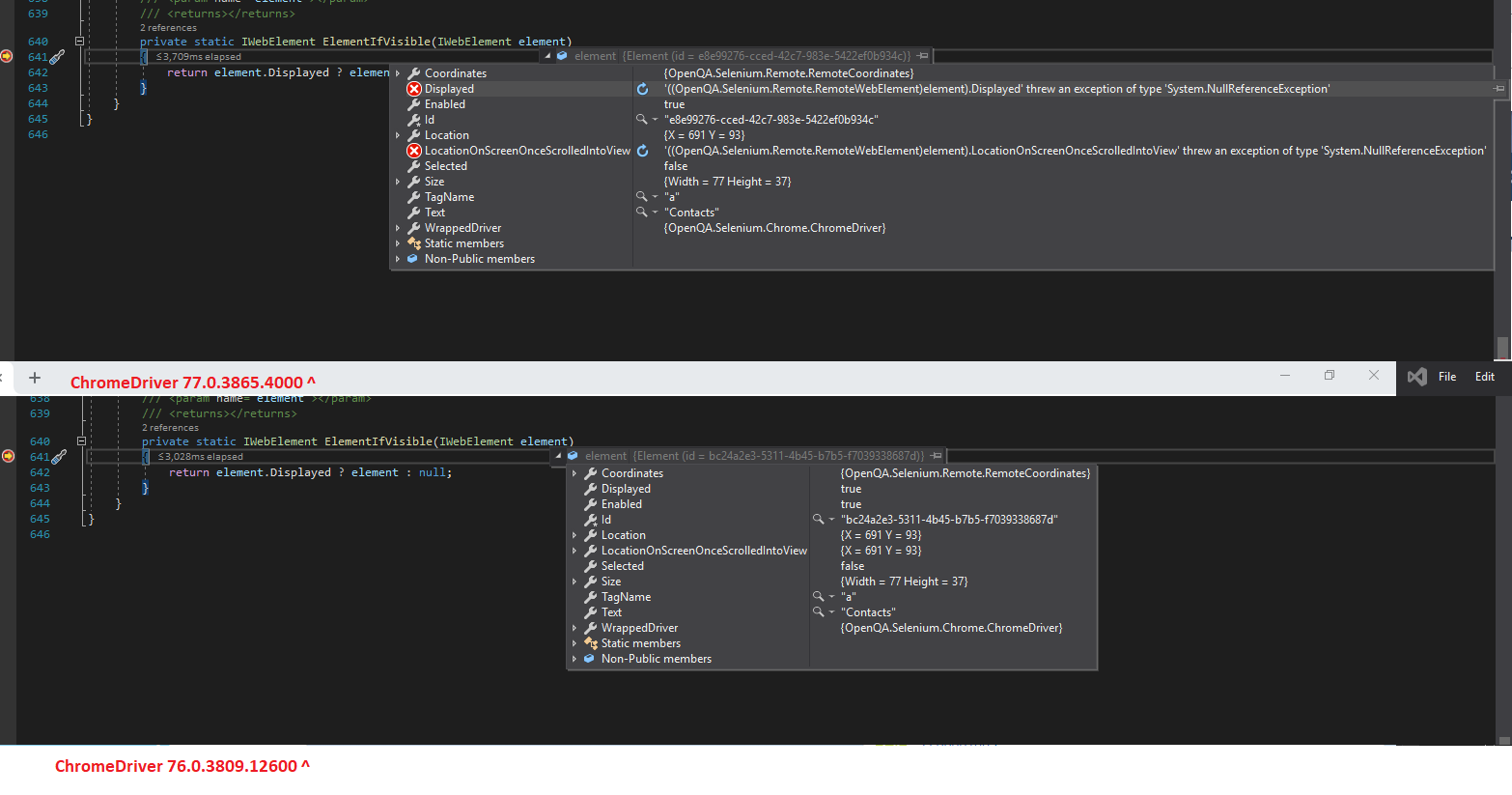 ChromeDriver version 77 throws null reference exception on accessing Displayed and ...