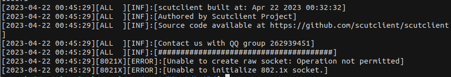 [8021X][ERROR]:[Unable to create raw socket: Operation not permitted] · Issue #26 · scutclient ...