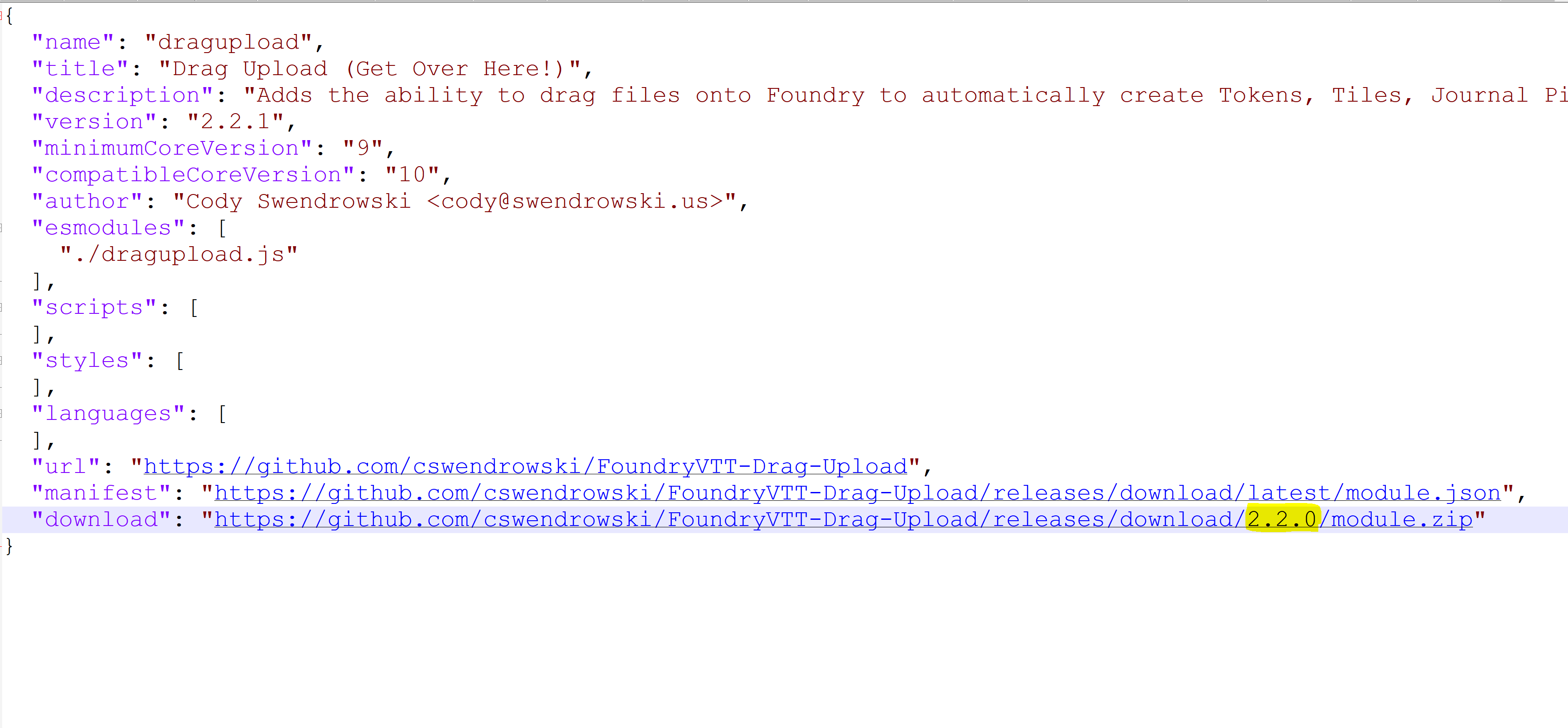 Download in Version 2.2.1 is still pointing to 2.2.0 in manifest file ...