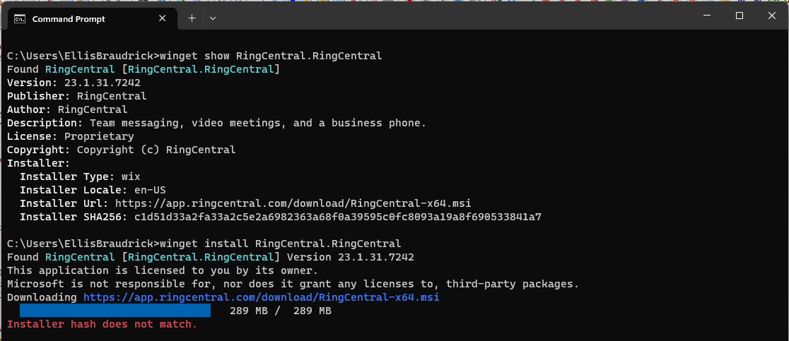 RingCentral.RingCentral Installer has hash mismatch · Issue #109223 · microsoft/winget-pkgs · GitHub