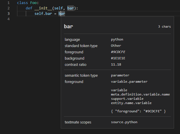 Distinct color for python "self" and "cls" in default themes with semantic highlighting. · Issue ...