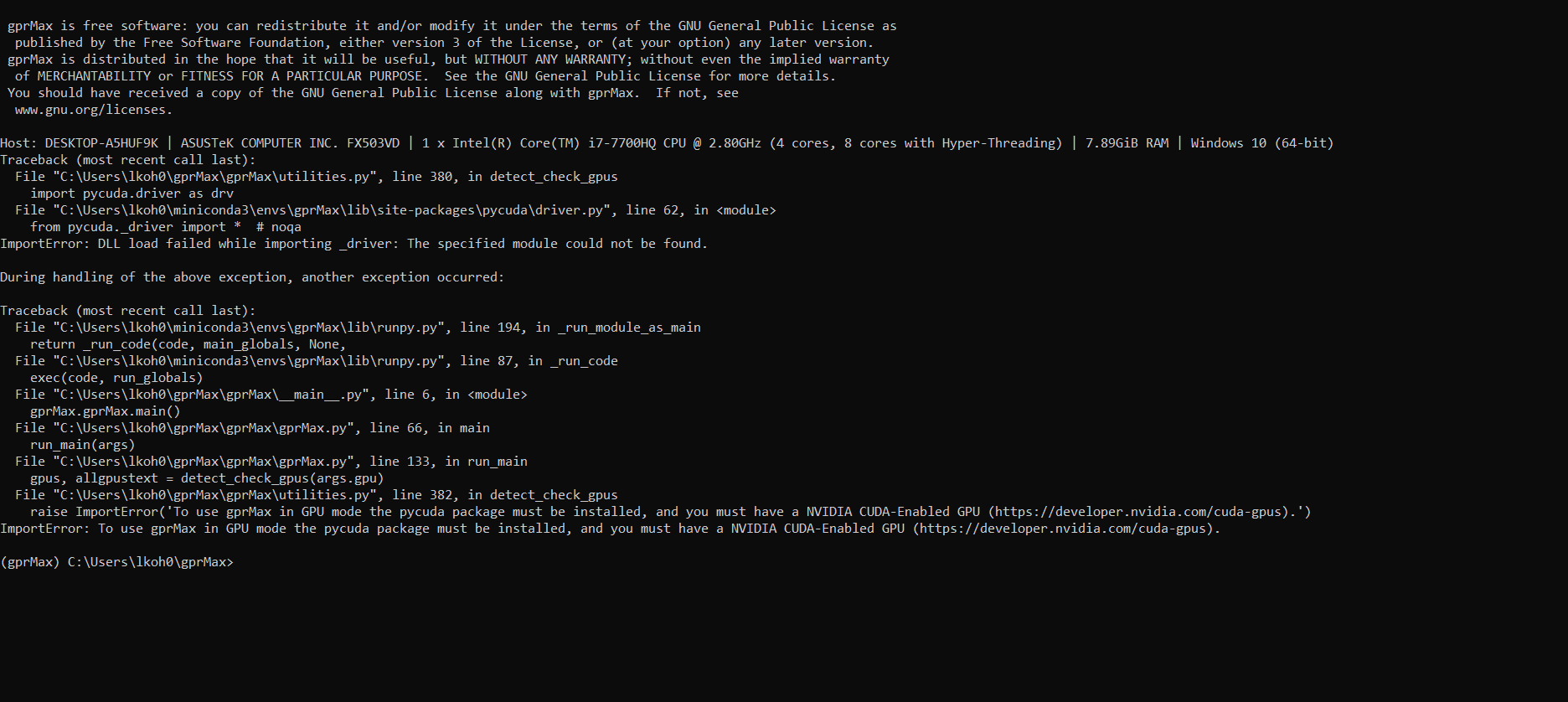 Unable to use gprMax for gpu · Issue #265 · gprMax/gprMax · GitHub