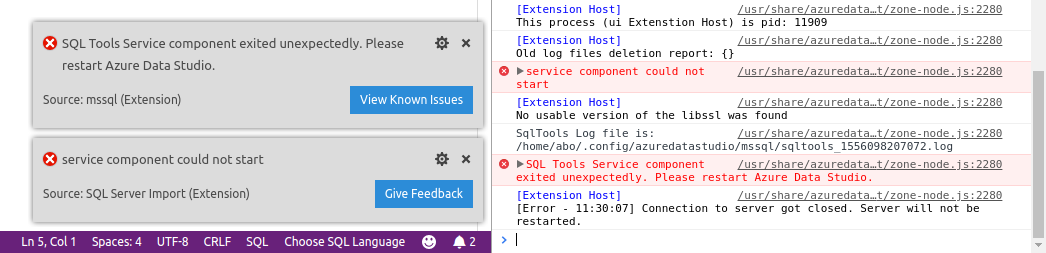 SQL Tools Service component exited unexpectedly · Issue #5172 · microsoft/azuredatastudio · GitHub