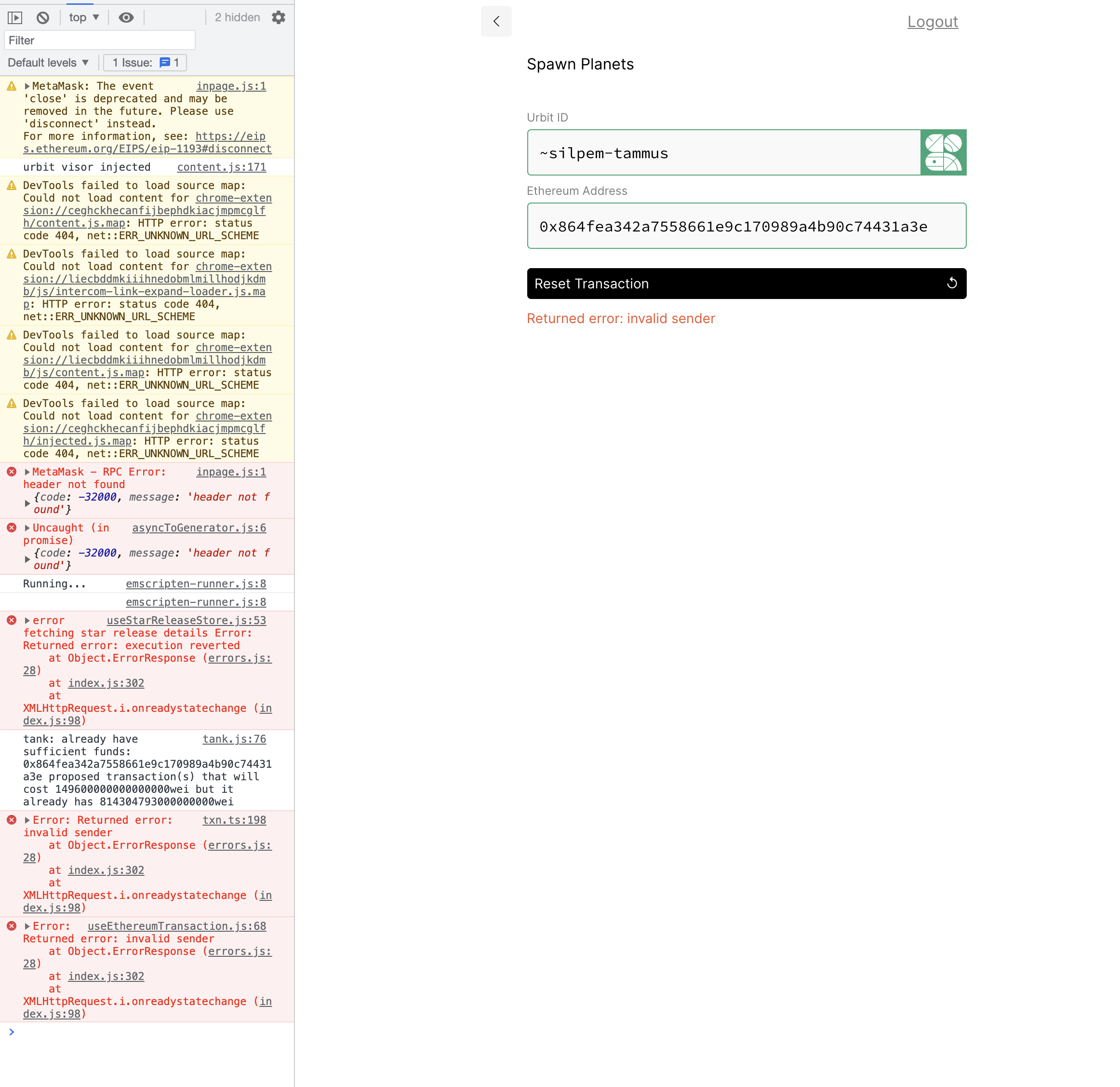 `Returned error: invalid sender` has returned · Issue #749 · urbit/bridge · GitHub
