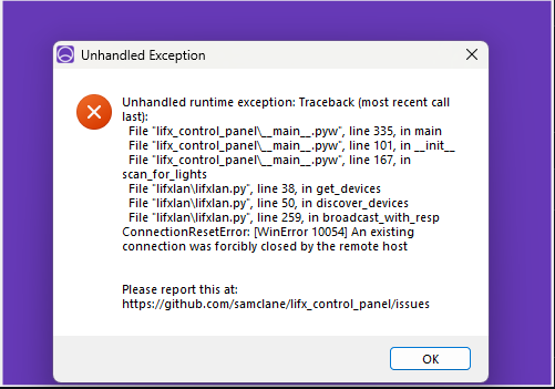 Unhandled runtime exception: ConnectionResetError · Issue #146 · samclane/LIFX-Control-Panel ...