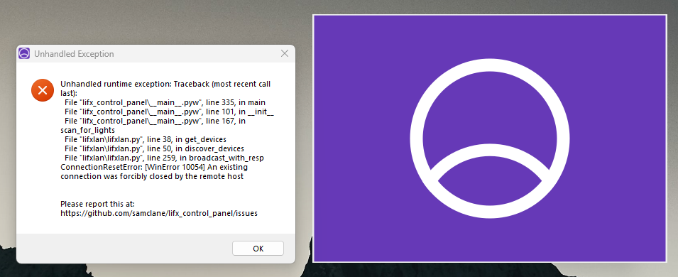 Unhandled runtime exception: ConnectionResetError · Issue #146 · samclane/LIFX-Control-Panel ...